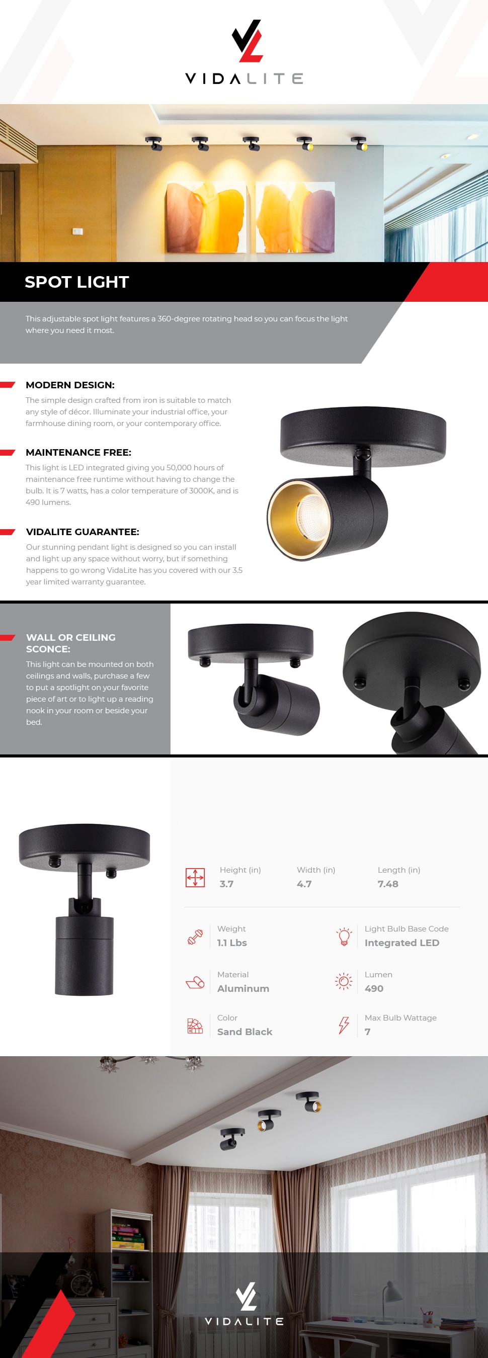 Vidalite Shura 1-Light Black Integrated LED Monopoint Wall Sconce Spotlight w/ Rotatable Light ...